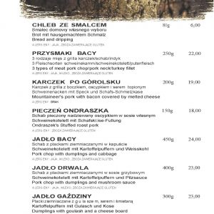 Menu restauracji Bacówka u Józka