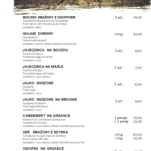 Menu restauracji Bacówka u Józka