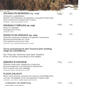 Menu restauracji Bacówka u Józka