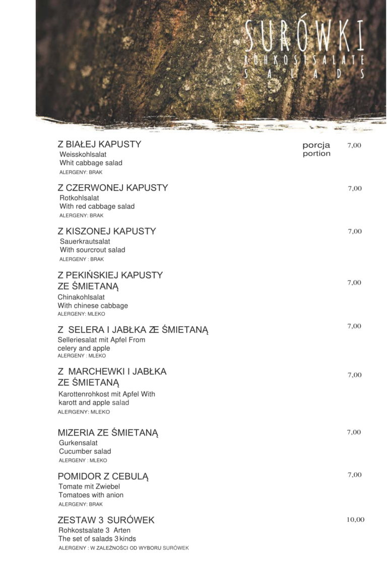 Menu restauracji Bacówka u Józka