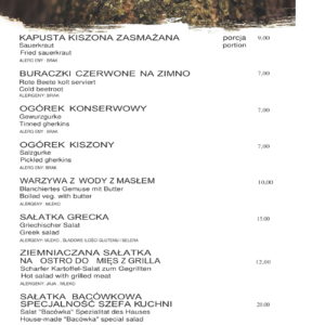 Menu restauracji Bacówka u Józka