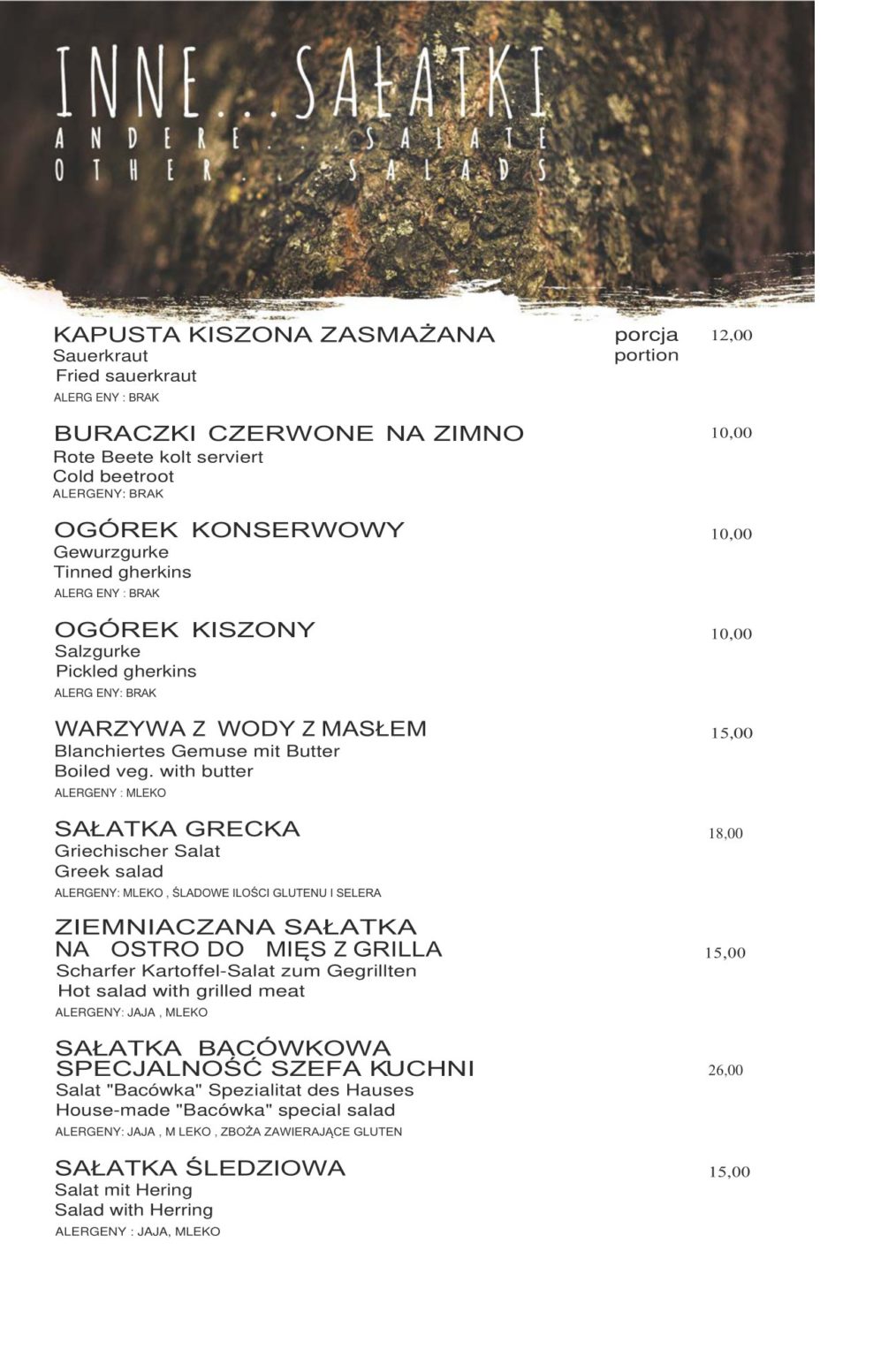 Menu restauracji Bacówka u Józka