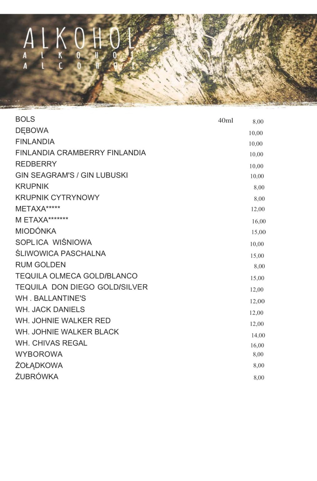 Menu restauracji Bacówka u Józka