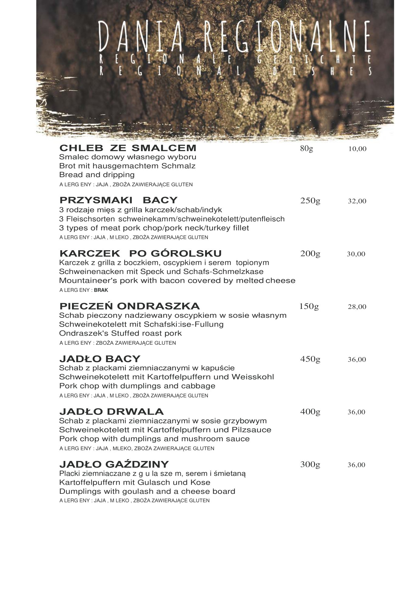 Menu restauracji Bacówka u Józka