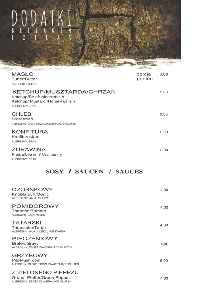 Menu restauracji Bacówka u Józka
