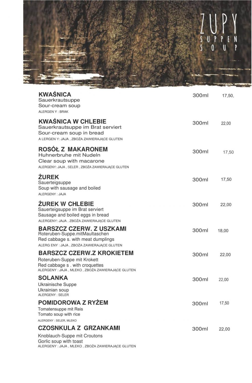 Menu restauracji Bacówka u Józka