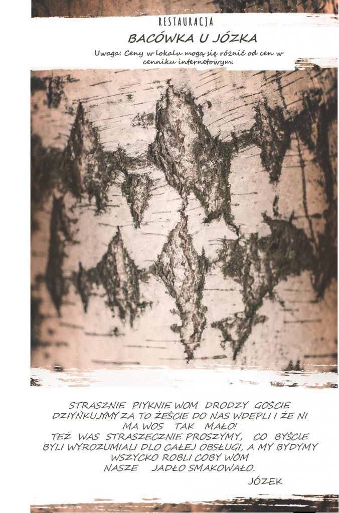 Menu restauracji Bacówka u Józka